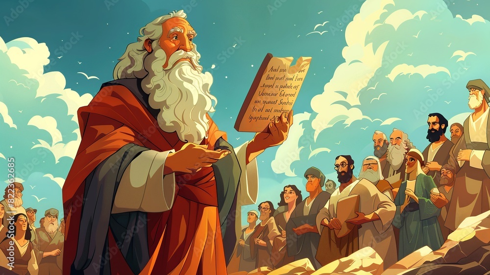 Witness a vibrant cartoon representation as Moses descends from Mount ...