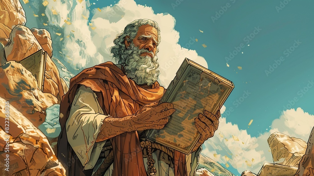 Witness a vibrant cartoon representation as Moses descends from Mount ...