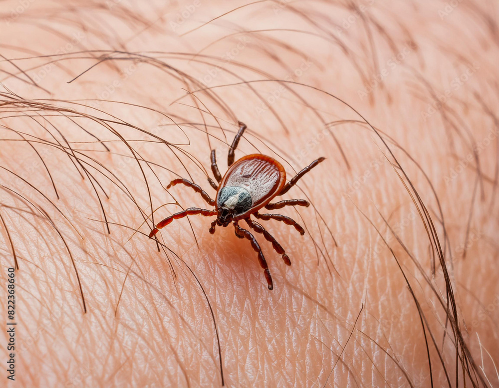 Crawling deer tick on human hairy skin background. Ixodes ricinus or ...
