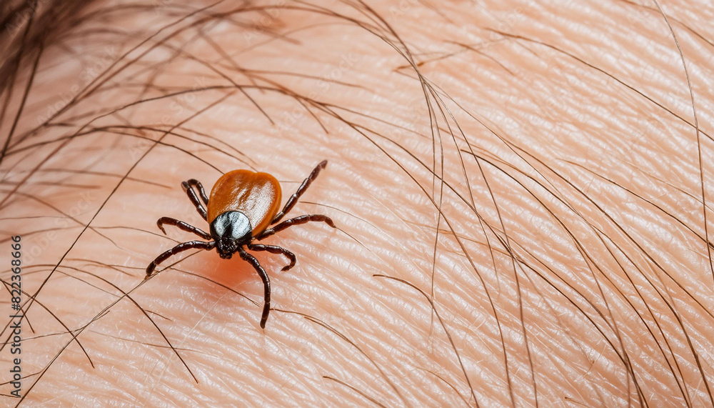 Crawling deer tick on human hairy skin background. Ixodes ricinus or ...