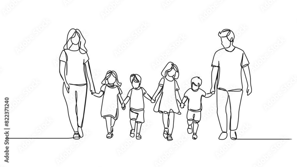 animated continuous single line drawing of mom and dad with four kids ...