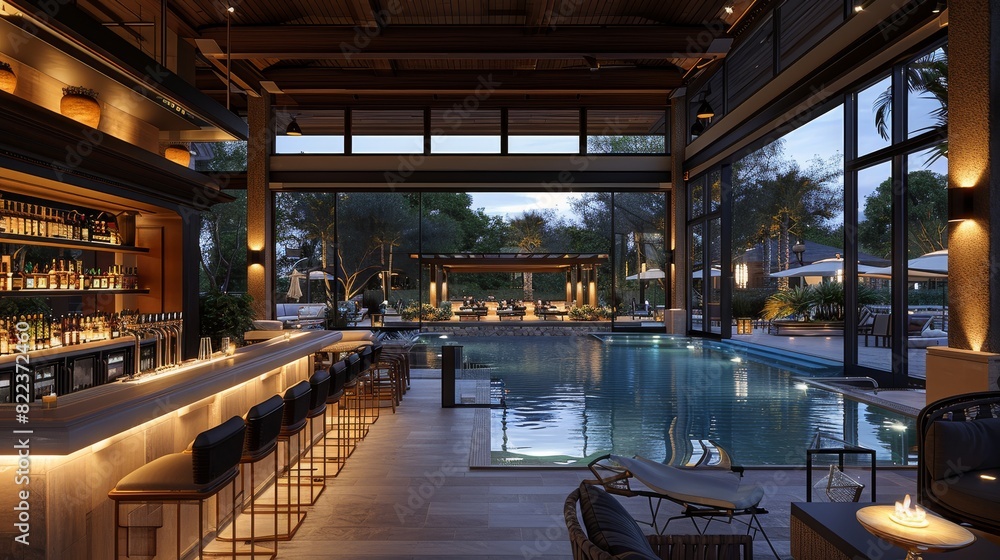 Indoor-outdoor bar area with large pool nearby and seating inside dim ...