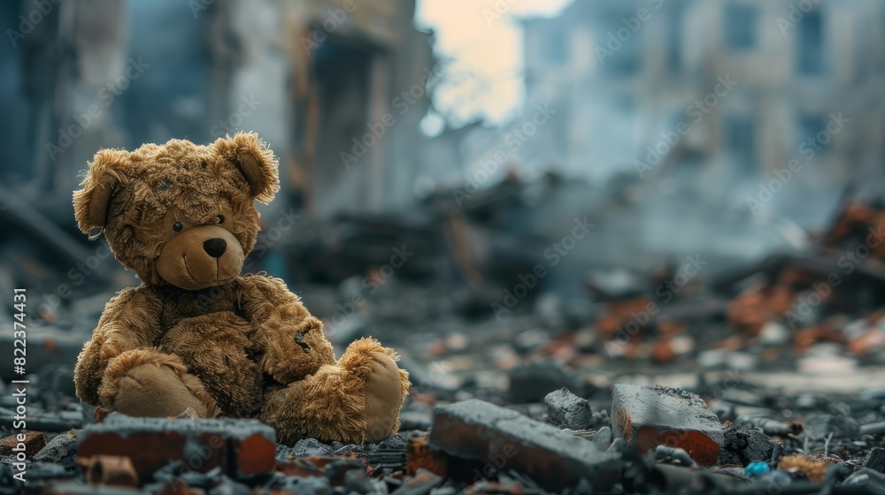 kids teddy bear toy over city burned destruction of an aftermath war ...