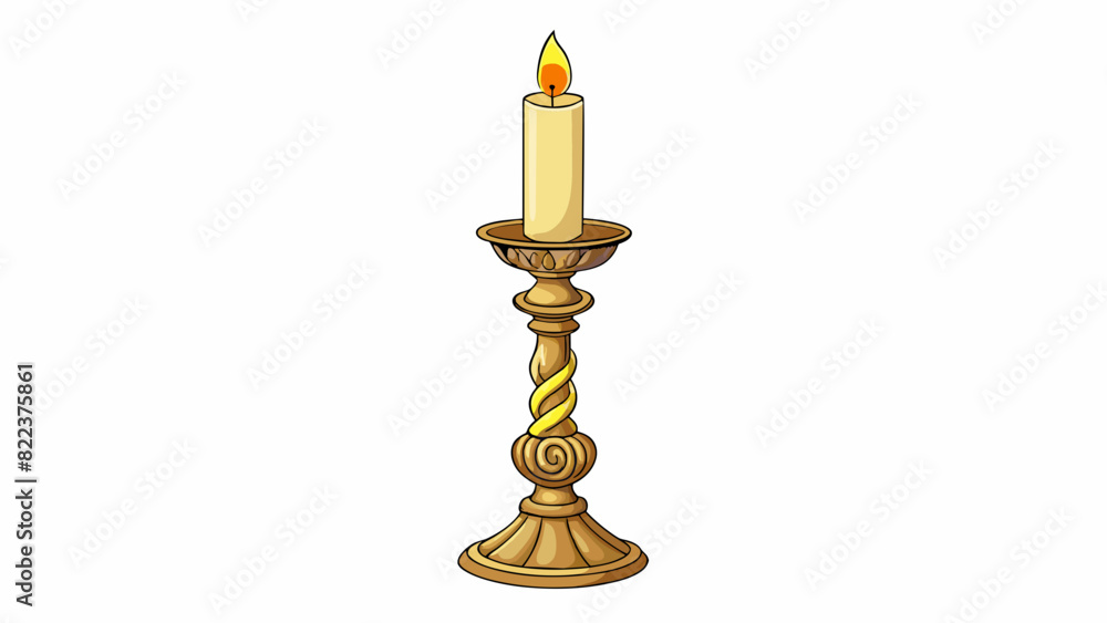 A large ornate candlestick its brass surface reflecting the dancing ...