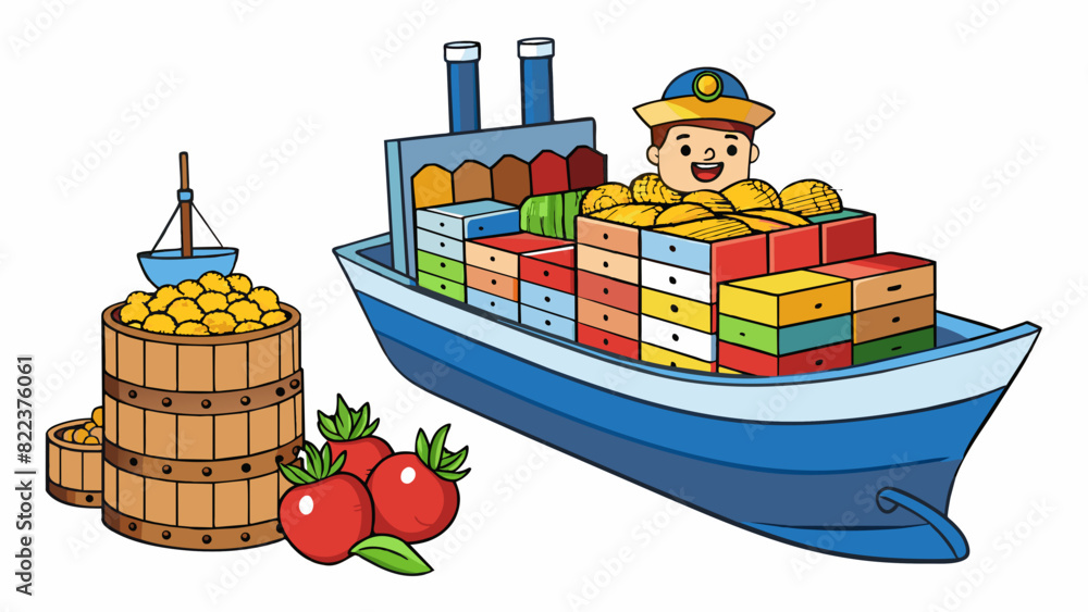 A merchant ship arriving at a foreign port and trading barrels of es ...