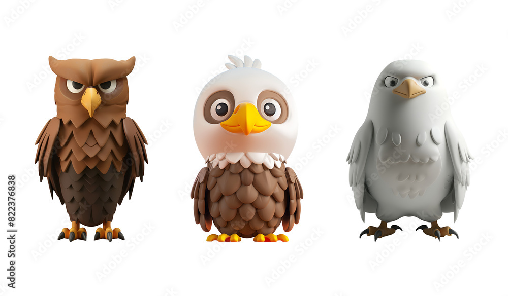 Adorable Animal Set in 3D Illustration: Eagle, Bird, Hawk - Chibi ...