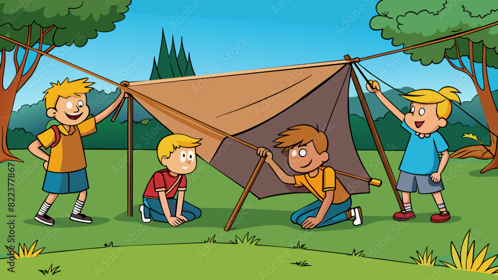 Attempt 3 A group of students attempting to build a makeshift shelter ...