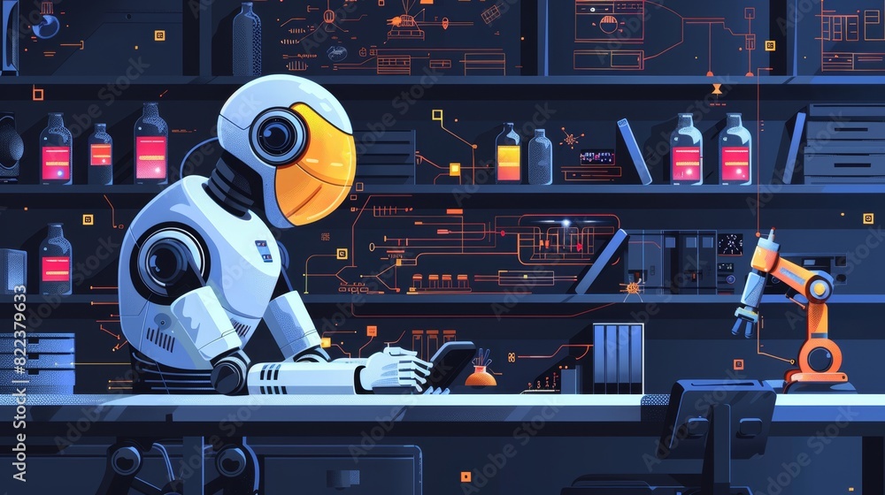 Artificial intelligence flat design front view robotics lab theme ...