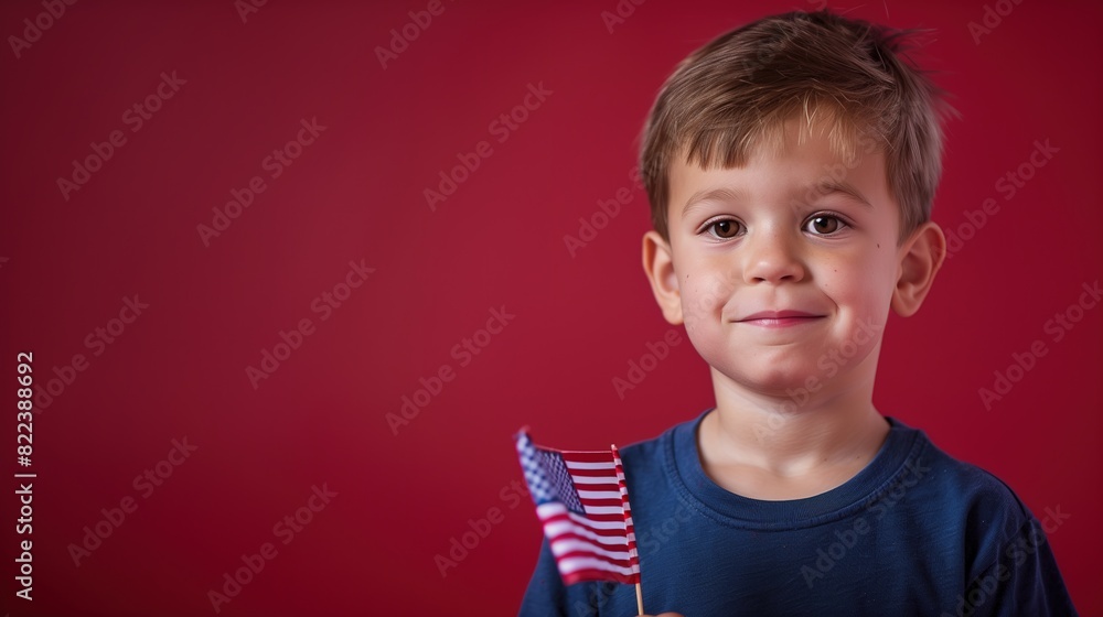 A child proudly holding a small flag against a bold red background ...