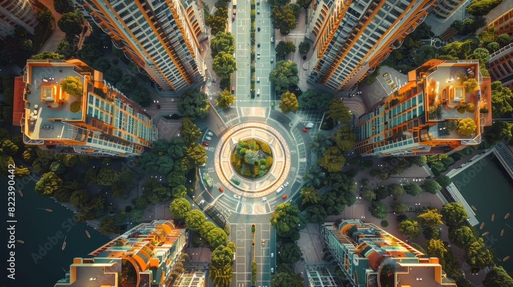 Bird's-eye view flat design front view aerial city tour theme 3D render ...