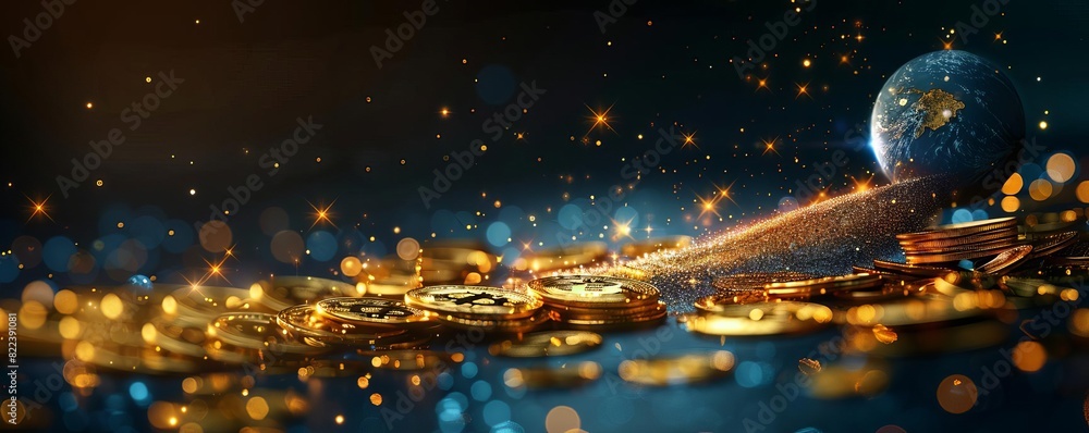 Gold coins forming the shape of a galaxy, with stars and planets ...