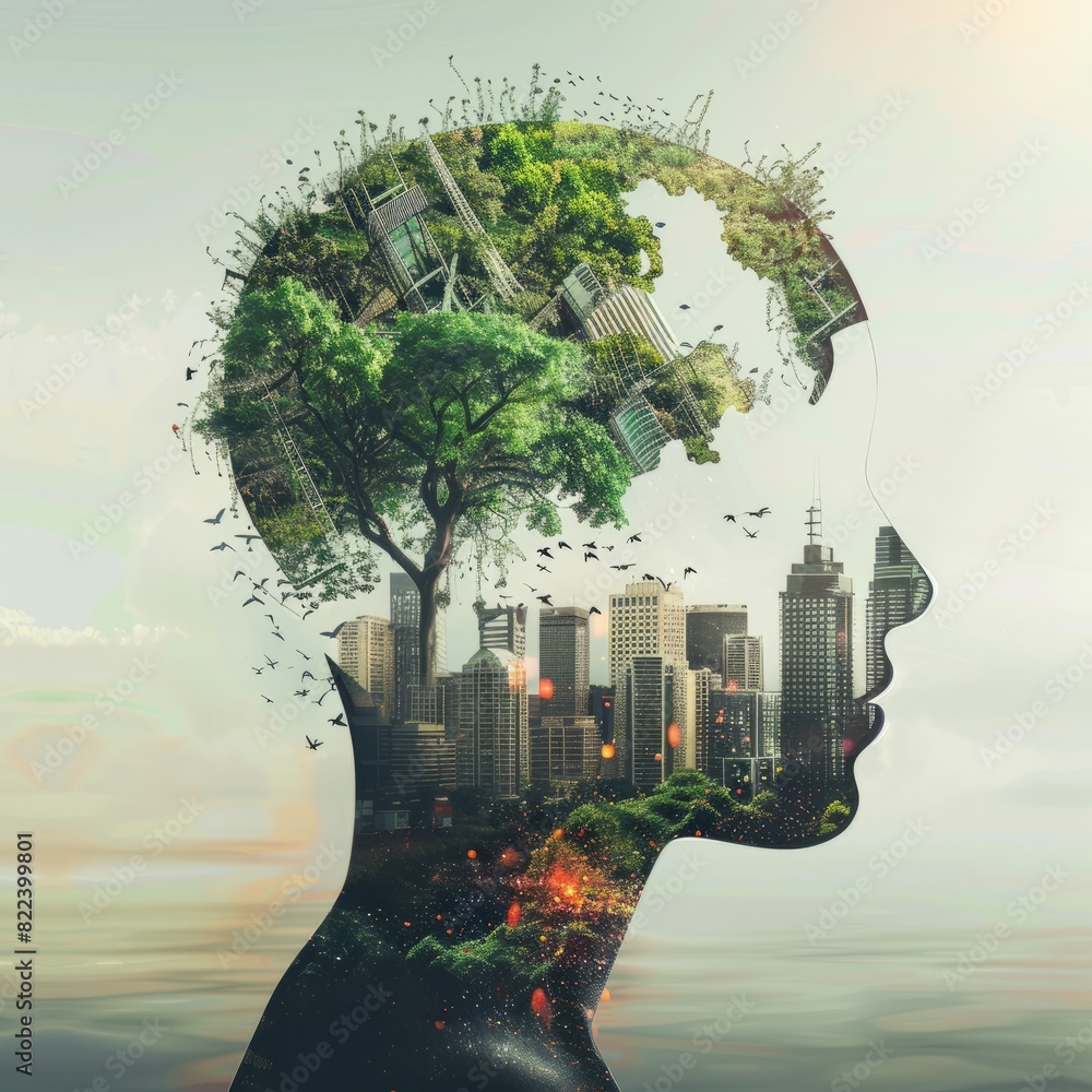 Sustainable environment concept. The image depicts human thinking towards preserving nature ...