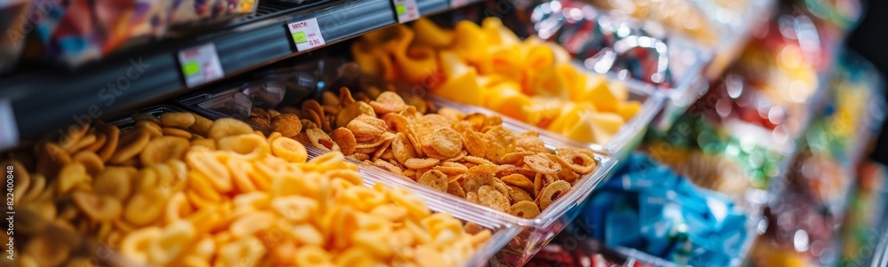 Many different types of snacks on display in a storefood background ...