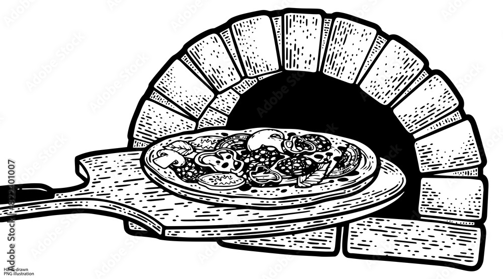 pizza on paddle and oven sketch engraving PNG illustration. T-shirt ...