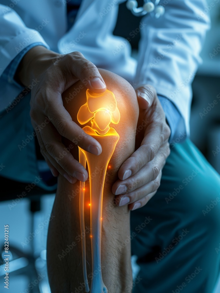 Full shot of patient focus on his painful knee joint highlighted ...