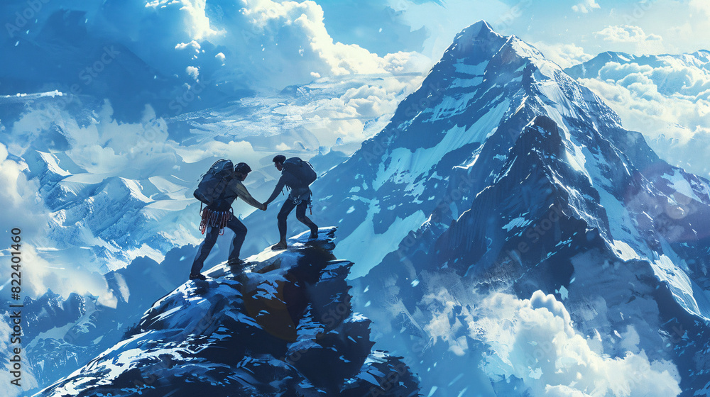 Visualizing climbers holding hands helping each other climb a mountain peak is a great way to ...