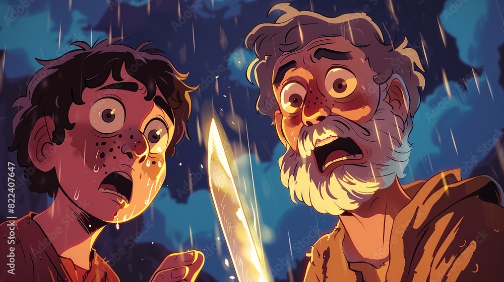 Picture a cartoon illustration depicting Abraham and Isaac embarking on ...