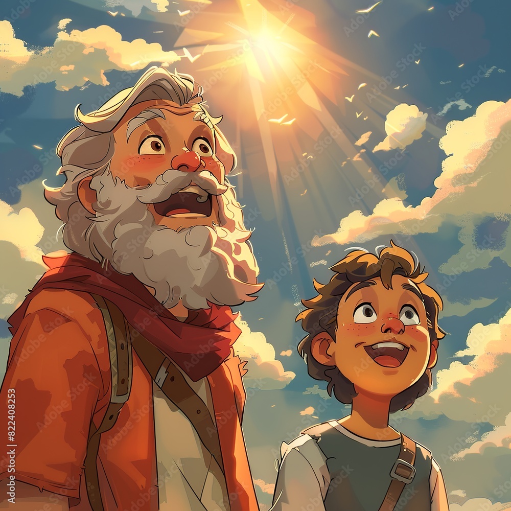 Picture a cartoon illustration depicting Abraham and Isaac embarking on ...