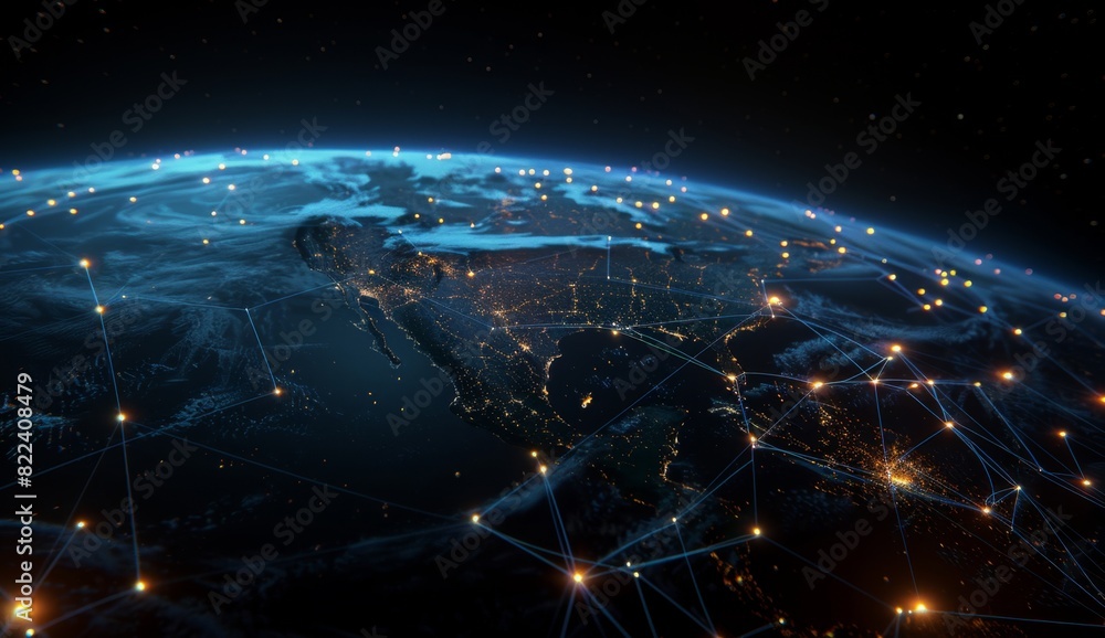 Earth with glowing connections between cities, representing global ...