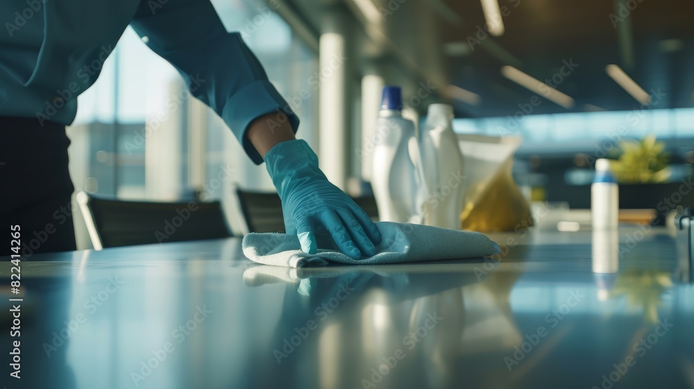 Cleaning staff using a cloth and disinfectant spray to clean and ...