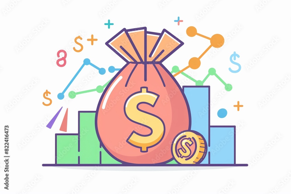 Line graph with a money bag vibrant flat clear background free text ...