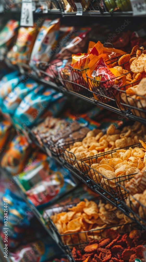 Many different types of snacks on display in a storefood background ...