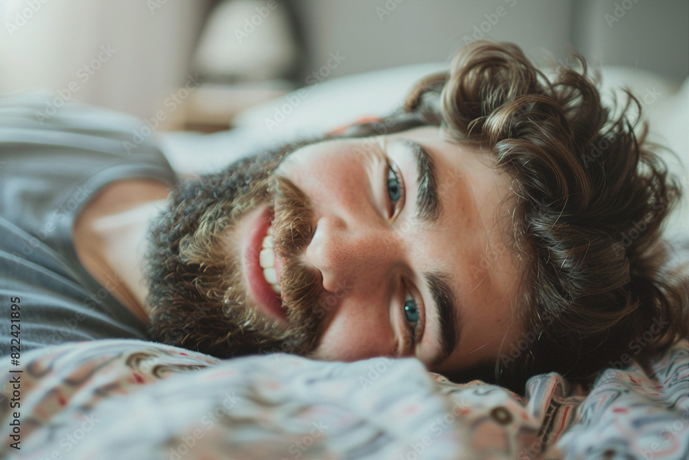 Generative AI illustration happy homey sleepy person lying in bed ...