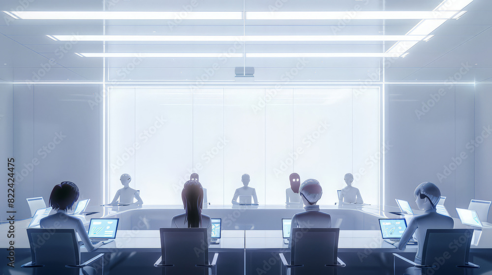 Seated in a pristine white meeting room, individuals gather around a ...
