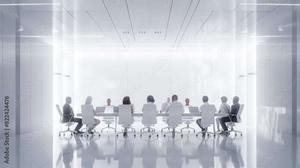 Seated in a pristine white meeting room, individuals gather around a ...
