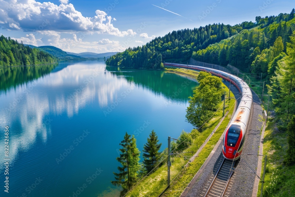 High-speed train passing stunning lake - sustainable railway transport ...