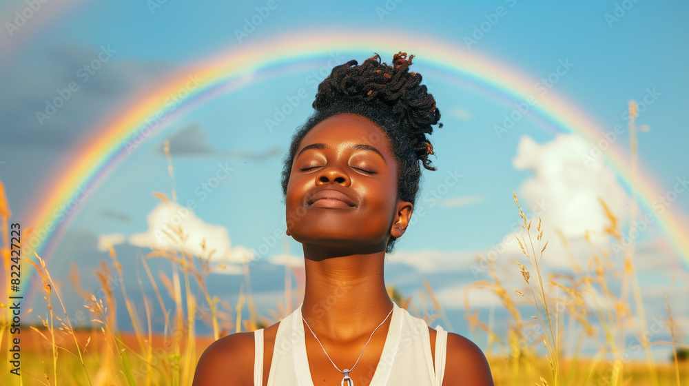 Happy young black woman breathing fresh air outdoors in nature. African ...