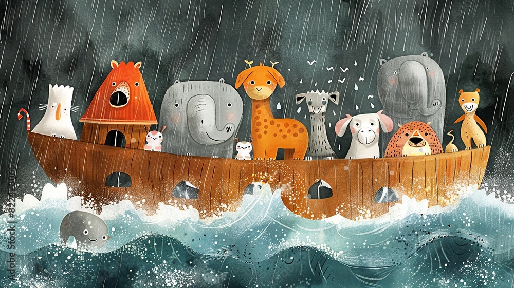 Imagine a cartoon illustration of Noah's Ark, with animals boarding the massive wooden vessel in ...