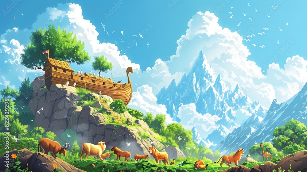 Imagine a cartoon illustration of Noah's Ark, with animals boarding the massive wooden vessel in ...