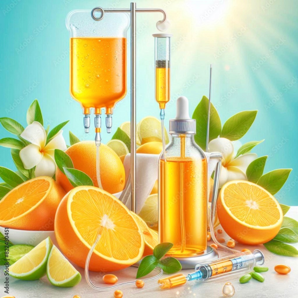IV bag vitamin C dripping orange fluid with lemon fruit flower around ...