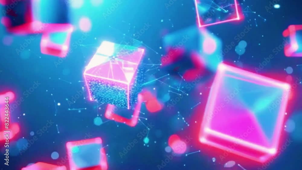 3D neon cubes rotate and float across the screen, their edges glowing ...