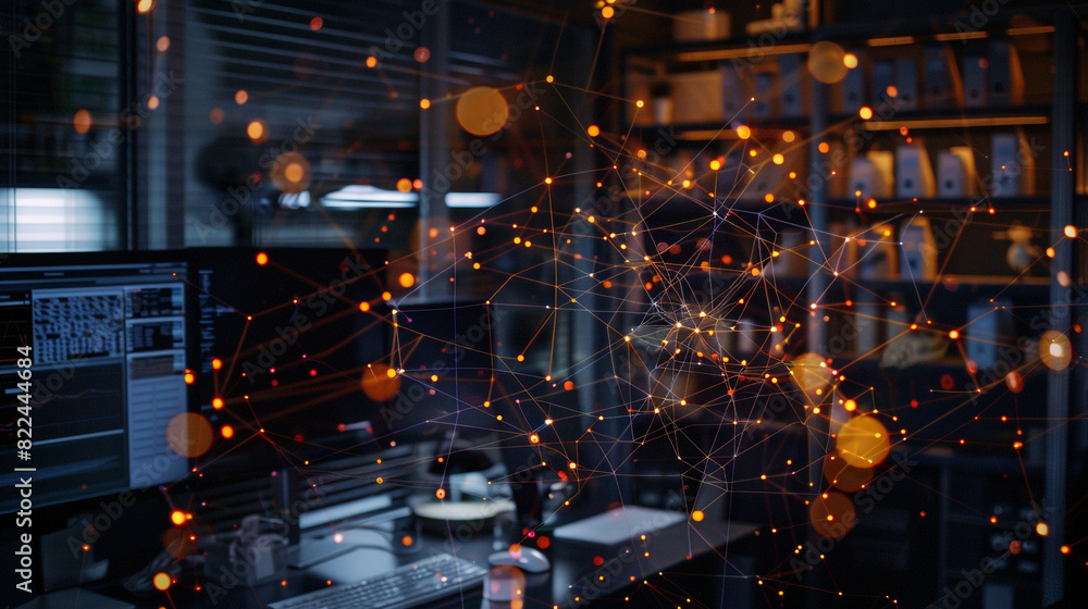 A complex network graph with interconnected nodes and color-coded edges ...