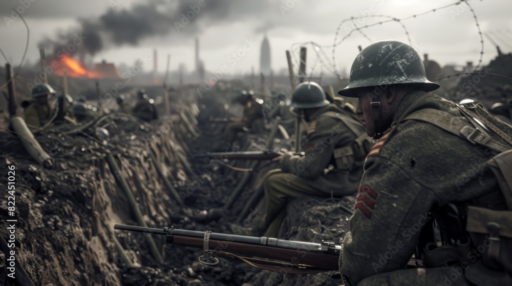 World war first. Soldiers are in trenches. Beautiful illustration ...