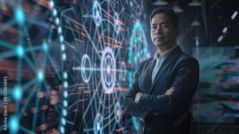 the man behind the icon of cyber secuirty panel hologram Stock ...