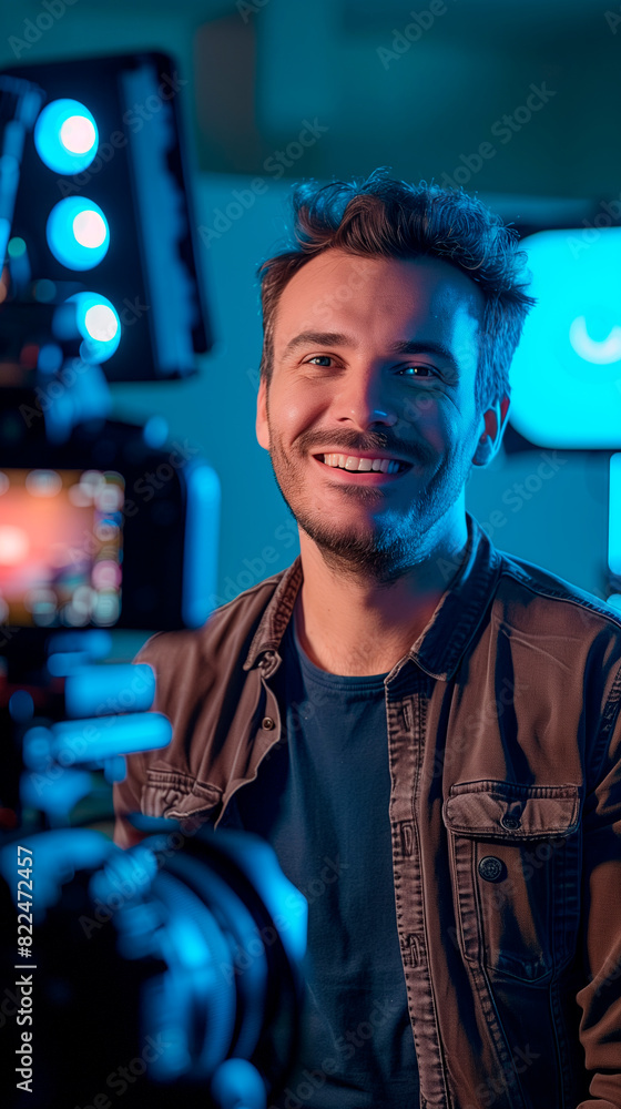 Video blogger and content creator speaks to the camera against studio ...