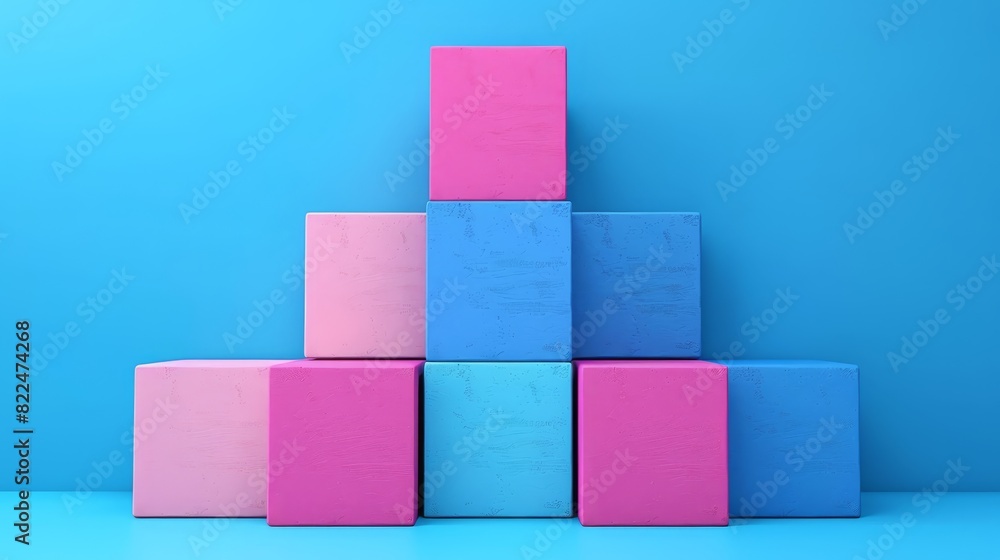 A blue floor supports a stack of pink and blue blocks In front of a ...