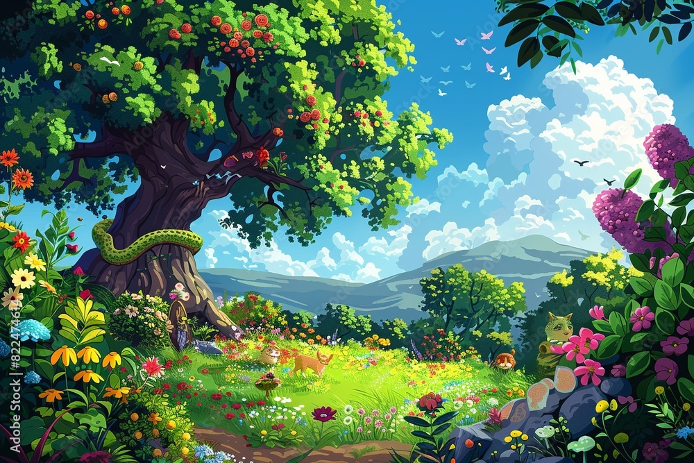 Design a lighthearted cartoon illustration depicting Adam and Eve ...