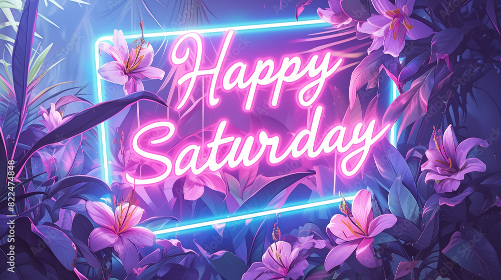 HAPPY SATURDAY sign, illustration of a Happy Saturday sign, cute neon ...