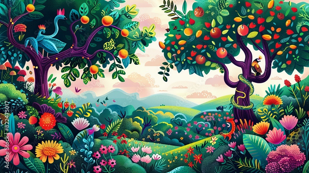 Design a lighthearted cartoon illustration depicting Adam and Eve ...