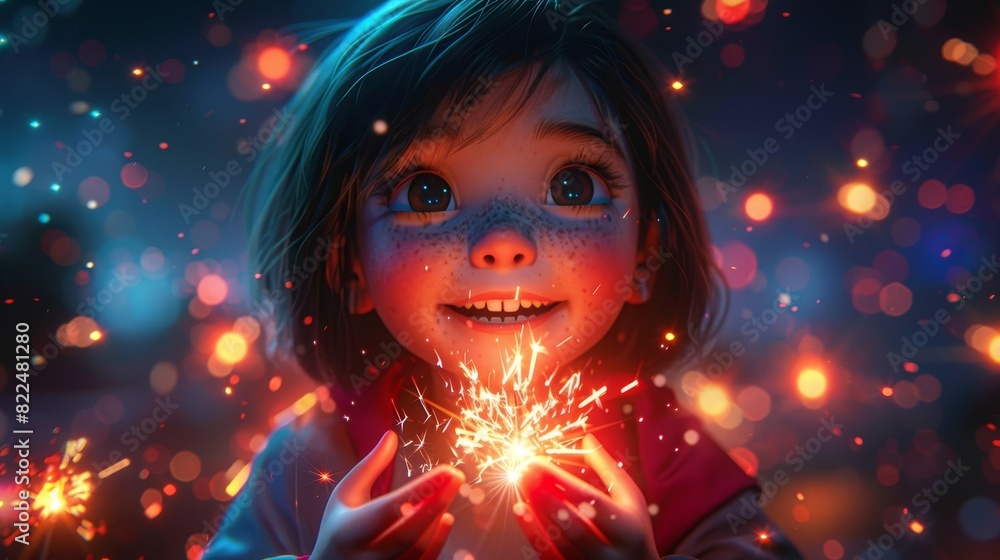 Cartoon kids playing with sparklers on Memorial Day, 3D close-up ...