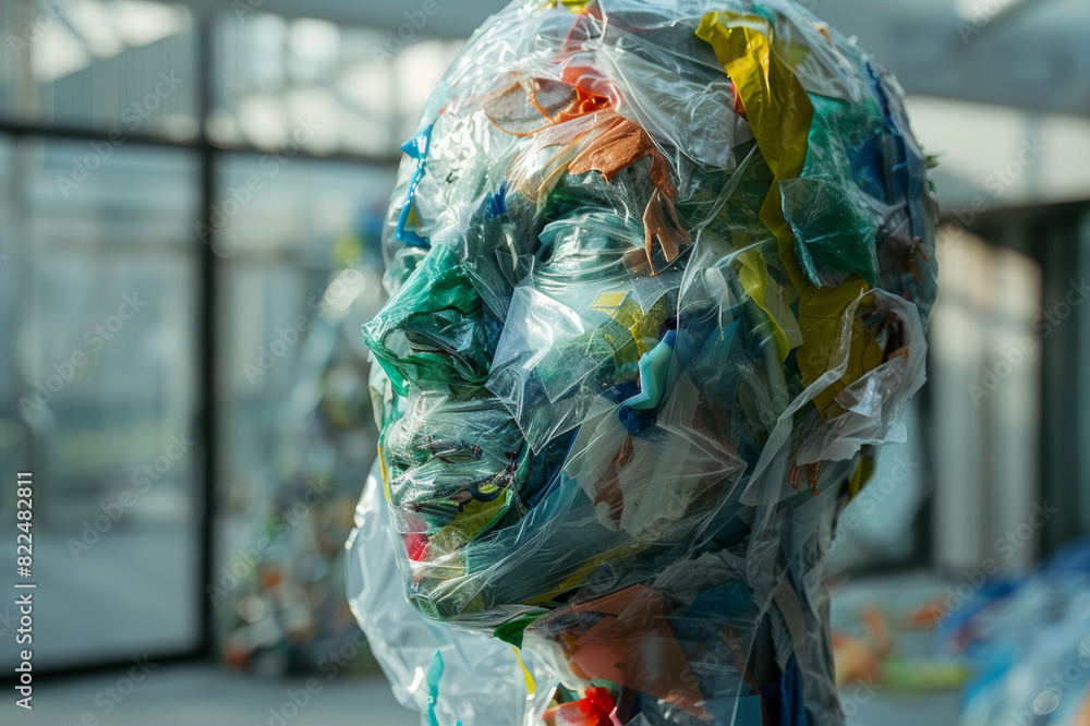 A human figure sculpture constructed from discarded plastic bags ...