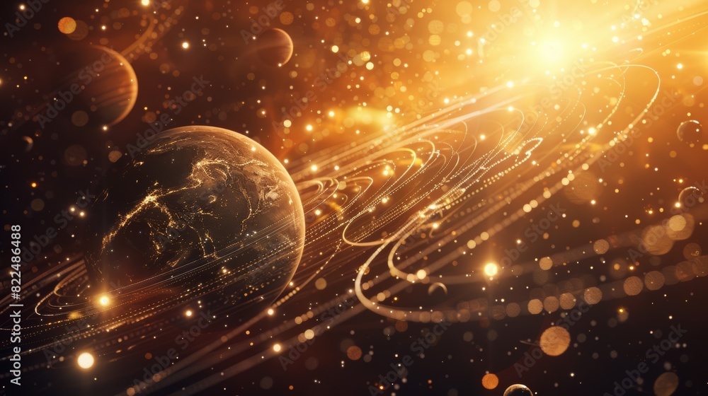 A solar system with planets and moons orbiting a central star connected ...