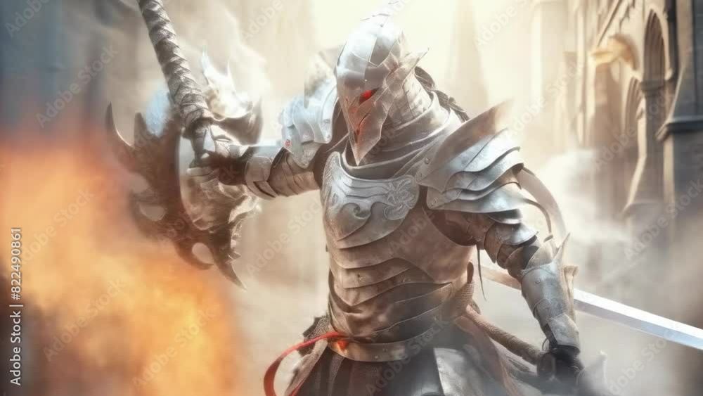 A heavily armored knight wielding a large sword stands ready for battle ...