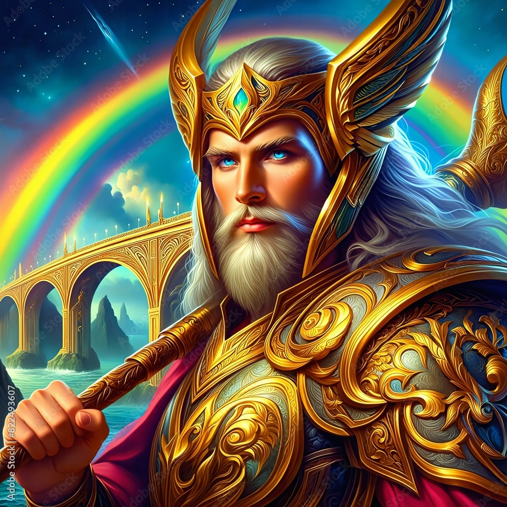 Heimdall, Guardian of Asgard and the Rainbow Bridge. Golden armor. He ...
