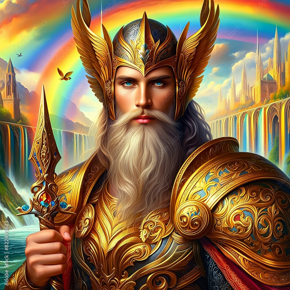 Heimdall, Guardian of Asgard and the Rainbow Bridge. Golden armor. He ...