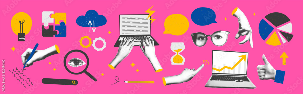 Trendy halftone collage business elements set. Hands working on laptop ...